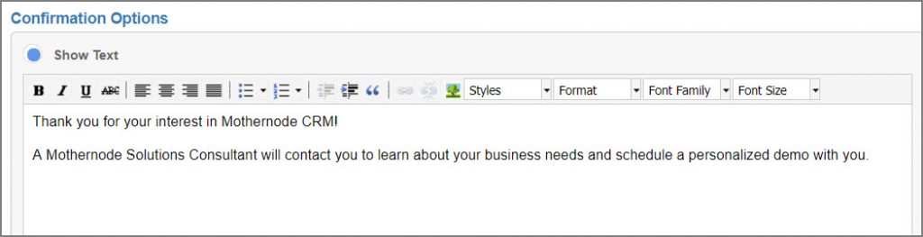 Lead Capture Forms – Confirmation Options – Mothernode Support
