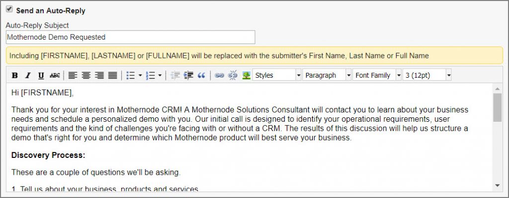 Lead Capture Forms – Confirmation Options – Mothernode Support