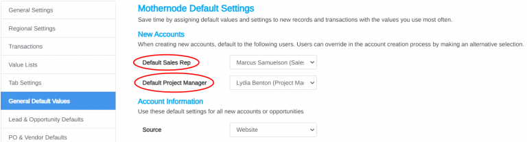 Setting default Sales Rep & Project Managers for all new records – Mothernode Support