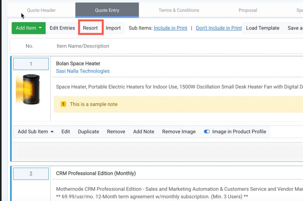 Resorting Line Items – Mothernode Support